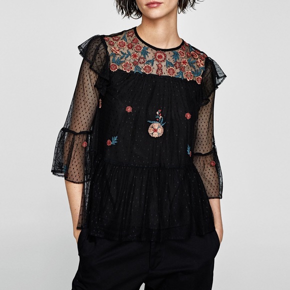 Zara | Tops | Nwt Zara Floral Embroidered Lace Ruffle Top | Poshmark
